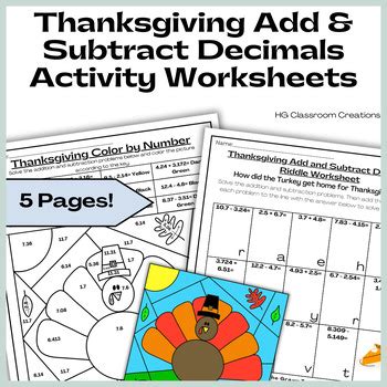 Thanksgiving Add Subtract Decimals Activity Worksheets Color By Number