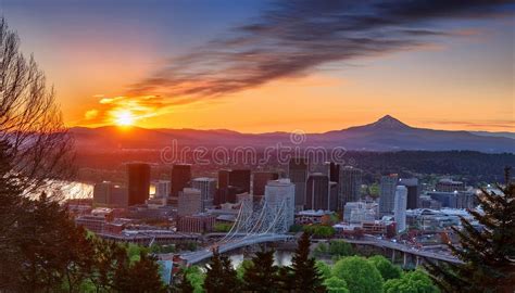Captivating Sunrise Over Portland Oregon With Mount Hood In The