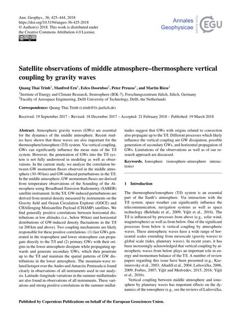 Pdf Satellite Observations Of Middle Atmosphere Thermosphere Vertical Coupling By Gravity Waves