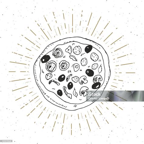 피자 빈티지 라벨 손으로 그린된 스케치 그런 지 질감된 복고풍 배지 인쇄 술 디자인 T셔츠 인쇄 벡터 일러스트 낙서 드로잉에 대한 스톡 벡터 아트 및 기타 이미지 Istock