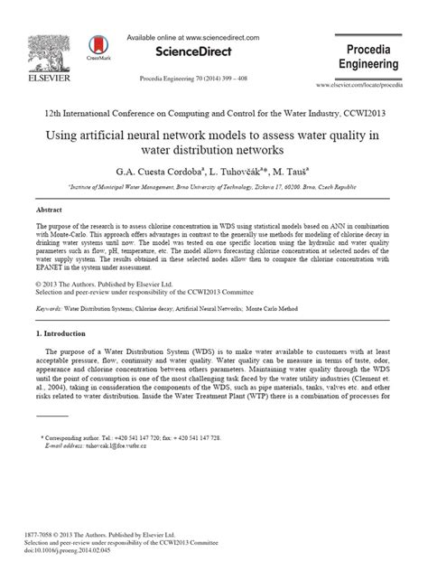 Using Artificial Neural Network Models To Assess Water Quality In Water Distribution Networks Pdf