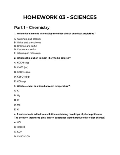 Science Homework Chemistry Physics Biology Questions
