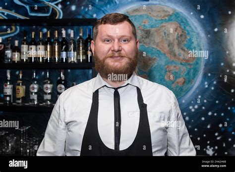 Bearded Adult Caucasian Looking Professional Bartender Portrait In