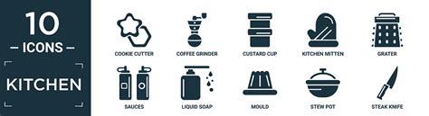 채워진 주방 아이콘 세트입니다 플랫 쿠키 커터 커피 그라인더 커스터드 컵 주방 장갑 강판 소스 액체 비누 곰팡이 스튜 냄비 스테이크 나이프 아이콘을 편집 가능한 형식으로