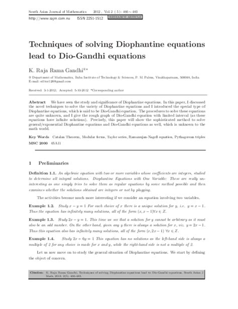 Pdf Techniques Of Solving Diophantine Equations Lead To Dio Gandhi Equations