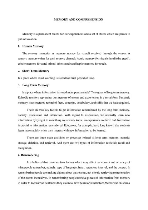 Memory And Comprehension Memory And Comprehension Memory Is A Permanent Record For Our
