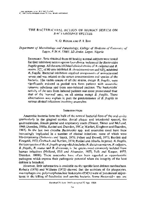 Pdf The Bactericidal Action Of Human Serum On Bacteroides Species