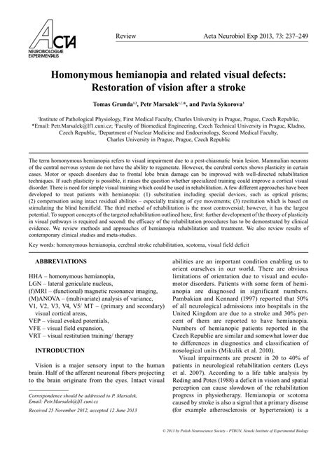 Pdf Homonymous Hemianopia And Related Visual Defects Restoration Of