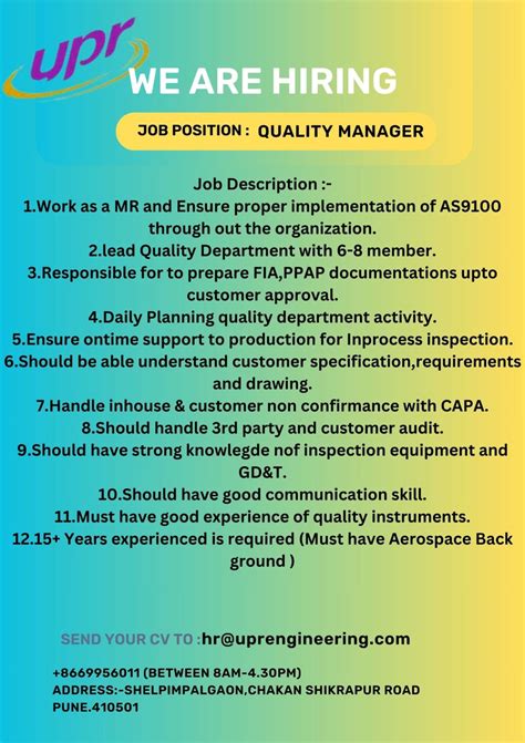 Upr Engineering Private Limited On Linkedin We Are Hiring Quality Manager 10 Years Of