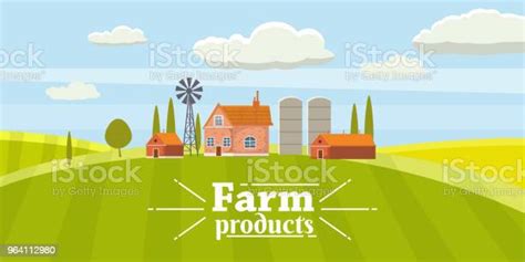 여름 농촌 풍경 새벽 위의 필드와 농장 언덕 벡터 일러스트입니다 만화 스타일 절연 가축에 대한 스톡 벡터 아트 및 기타 이미지 가축 개념 개체 그룹 Istock
