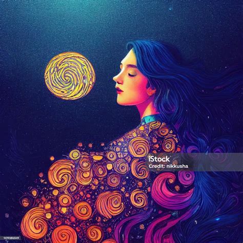 달과 하늘에 긴 검은 머리카락을 가진 아름다운 소녀 여성으로서의 밤 동화 속 캐릭터 디지털 페인팅 디지털 일러스트레이션 환상의 세계에 대한 스톡 벡터 아트 및 기타 이미지