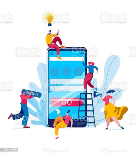 A Team Of Developers Managers And Designers Creates A Mobile App Stock Illustration Download
