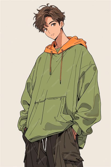 Premium Photo Anime Boy In Green Hoodie With Orange Hoodie Generative Ai