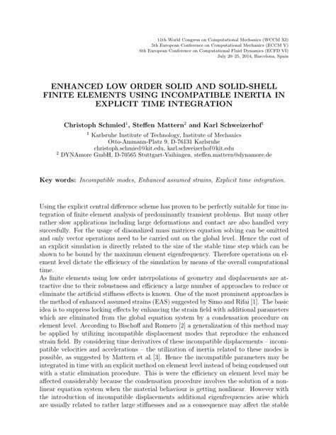 Pdf Enhanced Low Order Solid And Solid Shell Finite Elements Using Incompatible Inertia In