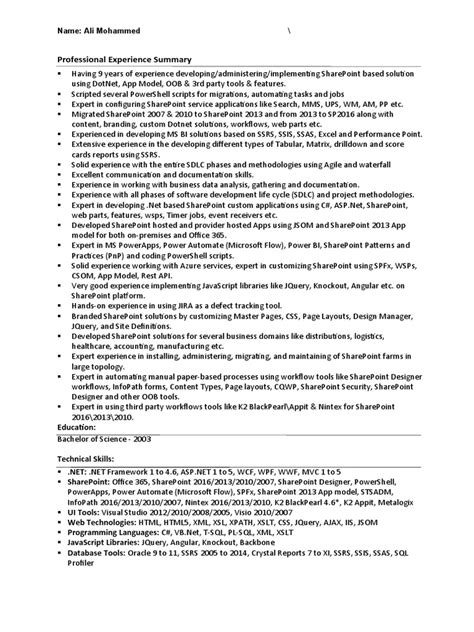 ali sharepoint resume pdf share point microsoft sql server