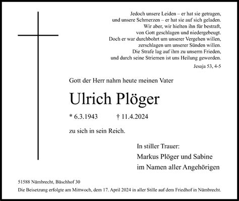 Traueranzeigen Von Ulrich Plöger Wirtrauern
