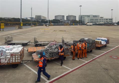 Loaders By Pallet Trucks Waiting For Loading And Unloading Baggage On