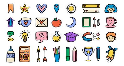 Random School Elements Set Primary Cute Icons Colorful Hand Drawn Stock Illustration