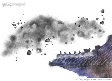 Imimg22001124 게티이미지코리아 한국전통 배경 한옥을 소재로 수묵화 기법으로 그린 손그림 일러스트 Royalty Free 이미지