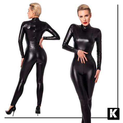 Noir Handmade F319 Caged Catsuit Wetlook Mit Reißverschlüssen Und