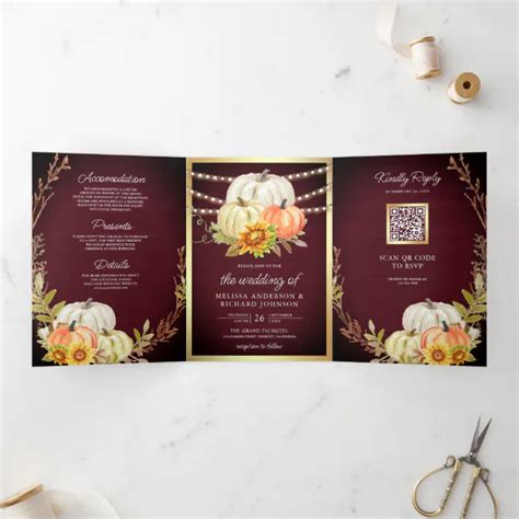 Burgundy Wood Sunflower Pumpkin Qr Code Wedding Tri Fold Invitation