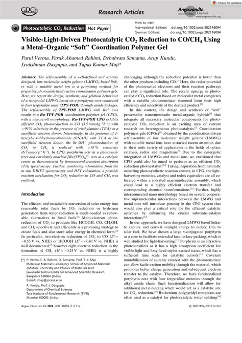 Pdf Visible Light Driven Photocatalytic Co2 Reduction To Coch4 Using Metal‐organic ‘soft