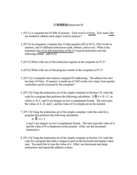 Hw2 Introdution To Computer Science 計算機概論homework 2 P5 1 A Computer Has 64 Mb Of Memory