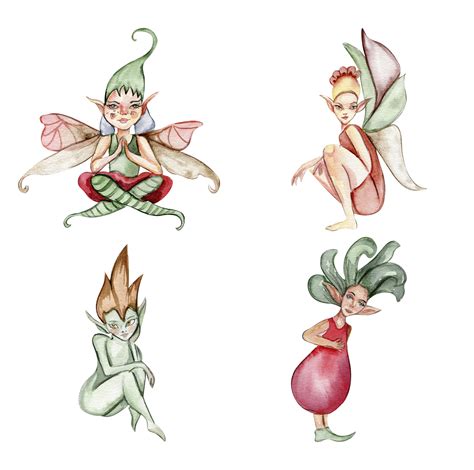 Forest Elf With Magic Wings Set Watercolor Hand Drawn Fairy Tale