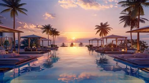 Hotel Pool Area Features Infinity Pool And Cabanas At Sunset Premium