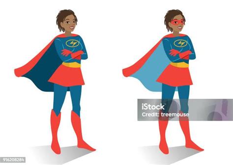 의상 및 교차 팔 면 서 슈퍼 히어로 아프리카계 미국인 여자 벡터 만화 캐릭터 그림 흰색 배경에 고립 된 플랫 현대적인 스타일 여성 운동의 개념 슈퍼히어로에 대한 스톡 벡터