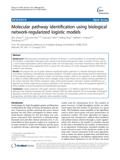Pdf Molecular Pathway Identification Using Biological Network Regularized Logistic Models