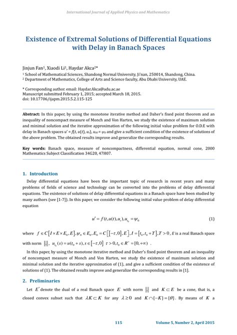 Pdf Existence Of Extremal Solutions Of Differential Equations With Delay In Banach Spaces