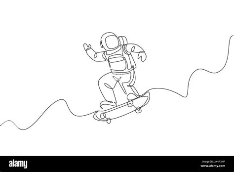Single Continuous Line Drawing Of Astronaut Riding Skateboard On Moon