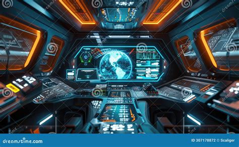 Spaceship Cabin Interior Futuristic Cockpit With Computers And Control Panels In Spacecraft