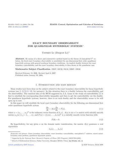 pdf exact boundary observability for quasilinear hyperbolic systems