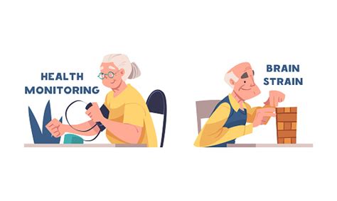 치매 질환 예방 요령 세트 건강 모니터링 및 뇌 긴장 만화 벡터 일러스트 레이 션 포스터에 대한 스톡 벡터 아트 및 기타 이미지