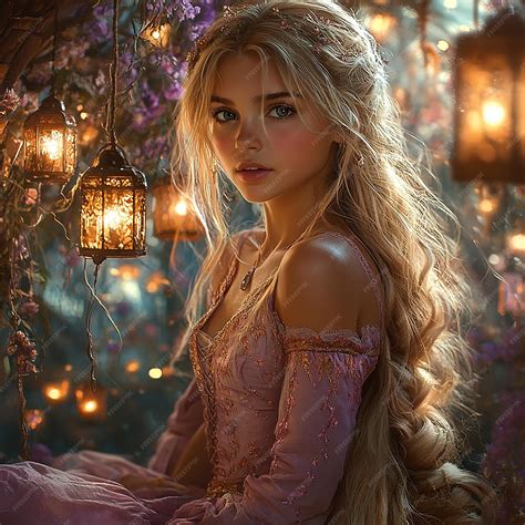 A Beautiful Young Girl In The Style Of Rapunzel From Disneys Animated