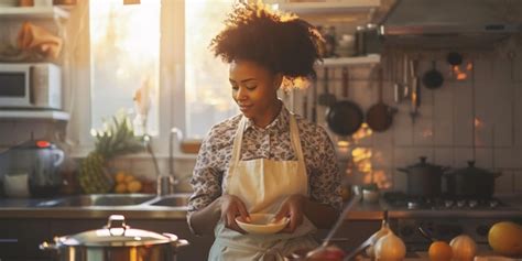 Premium Photo Young Woman Cooking In The Kitchen Generative Ai