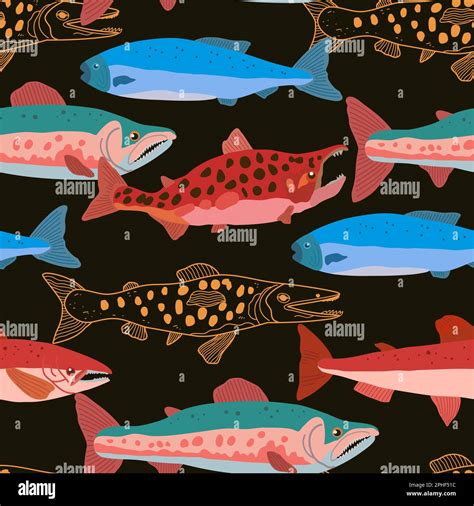 Seamless Pattern With Doodle Salmon Fish In Modern Original Trendy Style Colorful Vivid Print