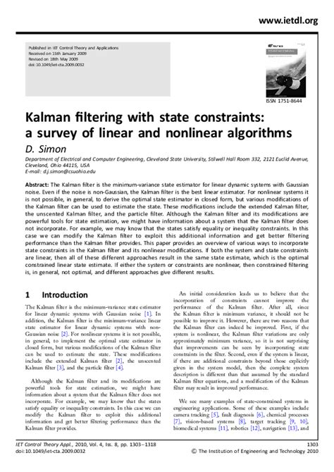 pdf kalman filtering with state constraints a survey of linear and