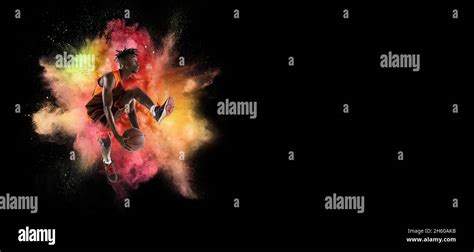 Creative Collage Of Young Man Professional Backetball Player Training