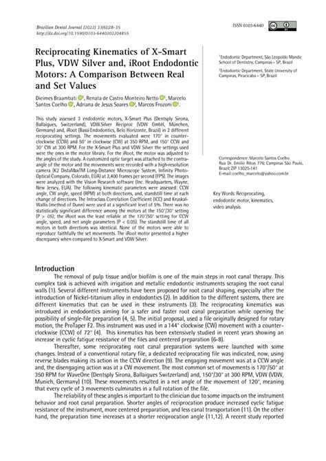 Pdf Reciprocating Kinematics Of X Smart Plus Vdw Silver And Iroot Endodontic Motors A