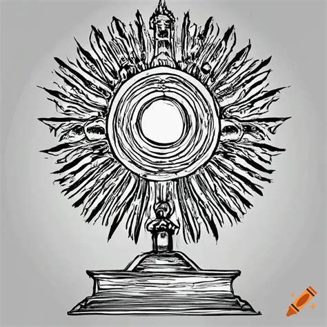Black And White Drawing Of A Golden Monstrance On A Catholic Altar On