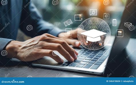 Human Hands Typing On Laptop Keyboard With Education Icons Overlapping Stock Illustration