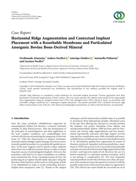 Pdf Horizontal Ridge Augmentation And Contextual Implant Placement With A Resorbable Membrane