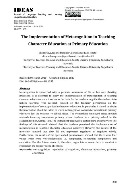 Pdf The Implementation Of Metacognition In Teaching Character