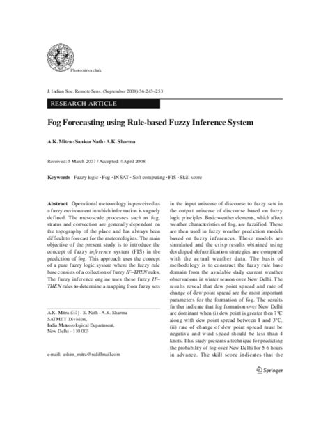 Pdf Fog Forecasting Using Rule Based Fuzzy Inference System