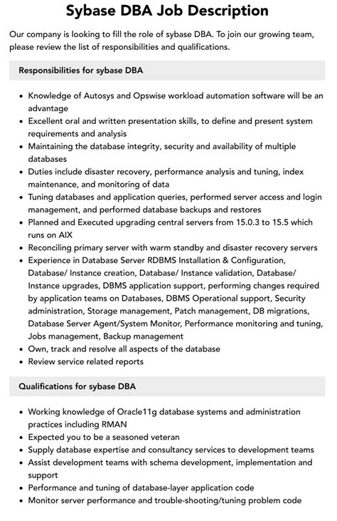 Sybase Dba Job Description Velvet Jobs
