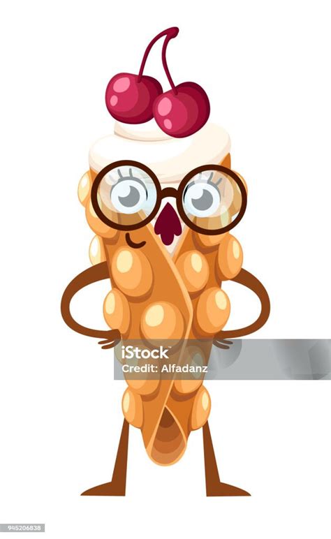 만화 스타일 캐릭터 디자인입니다 안경의 마스코트 홍콩 체리와 와플 휘 핑 크림 벡터 일러스트 레이 션 흰색 배경 웹 페이지 및