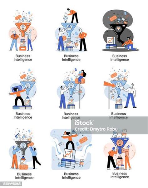 비즈니스 인텔리전스 데이터 분석 전략적 의사 결정을 위한 분석 정보 얻기 분석 보기에 대한 스톡 벡터 아트 및 기타 이미지